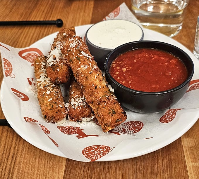 The stars of the show! Golden-brown, perfectly crusted mozzarella sticks with that Instagram-worthy cheese pull that makes your heart skip a beat.