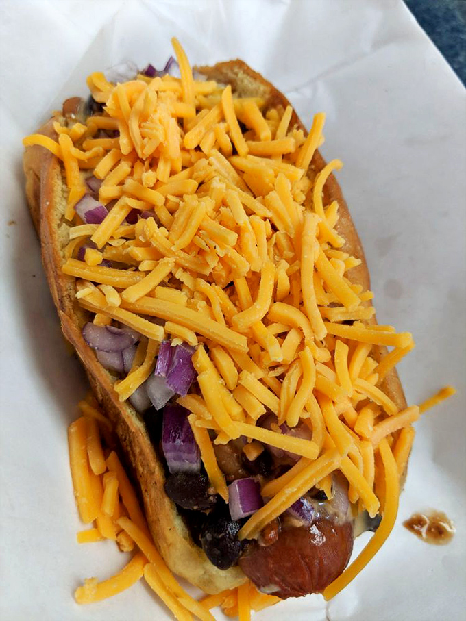 Cheese lovers, rejoice! This hot dog doesn't just wear its cheddar&mdash;it proudly flaunts it like a yellow crown atop purple onion jewels.