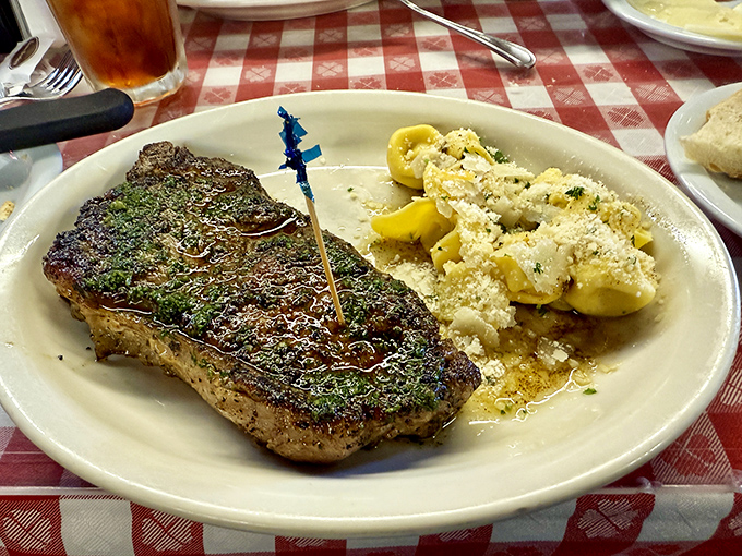 This NY steak isn't just cooked&mdash;it's been sweet-talked to perfection, with herb butter melting into every crevice alongside pillowy tortellini.
