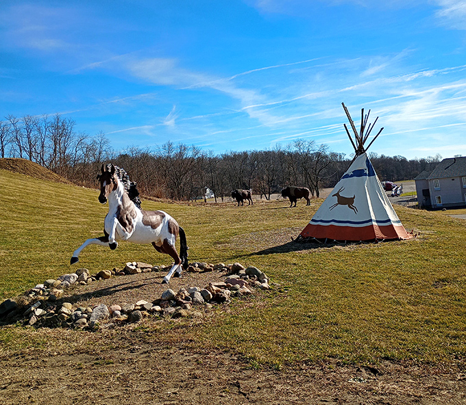 Beyond the bobblehead, the grounds feature unexpected cultural touches like this teepee and horse statue.
