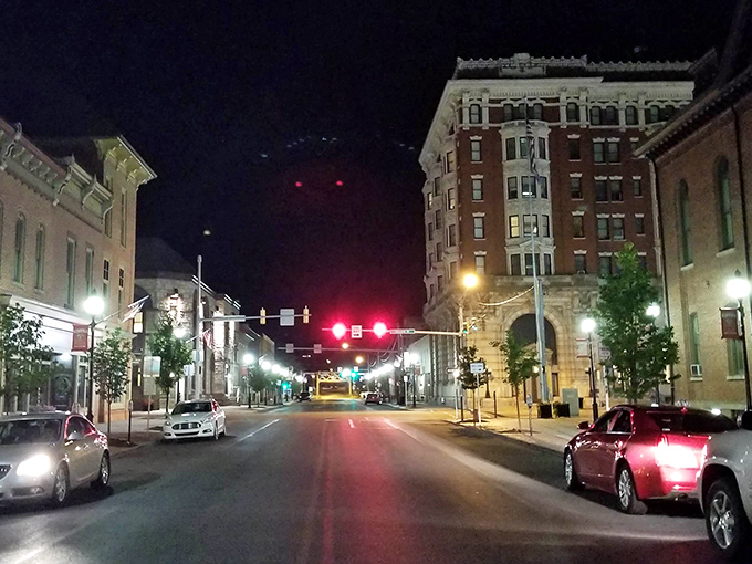 Downtown Clearfield after dark reveals the quiet dignity of its historic architecture, illuminated by streetlights rather than big-city electricity bills.