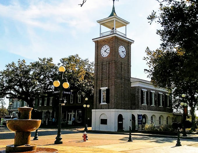 Georgetown's iconic clock tower stands sentinel over the town square, keeping time for generations of locals who've never been in a hurry anyway.
