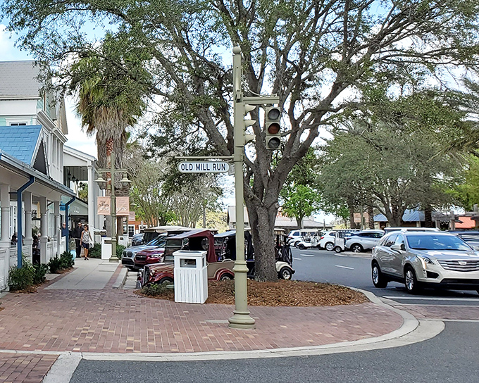 Old Mill Run's charming streetscape feels like Main Street USA got a Florida makeover, complete with palm trees and not a snowflake in sight.