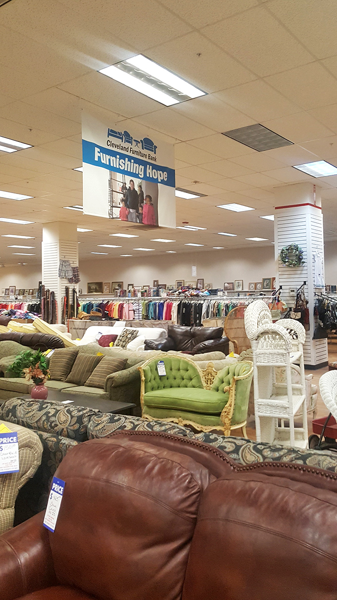 "Furnishing Hope" isn't just a slogan &ndash; it's the mission behind every purchase. That vintage green loveseat is practically begging for a new home.