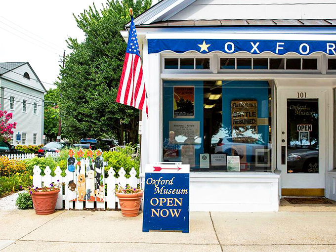 The Oxford Museum stands ready to share stories, its white facade and American flag offering a Norman Rockwell moment in three dimensions.