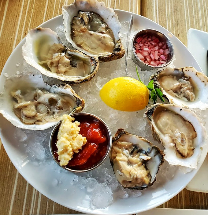 These oysters aren't just served; they're presented on a throne of ice with royal accompaniments, ready for their slurp-worthy moment of fame.