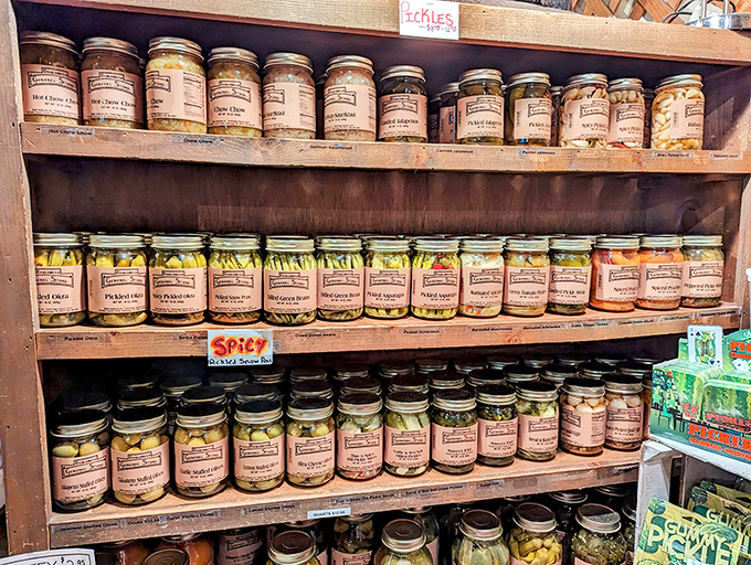 Shelves lined with pickle perfection - a symphony of flavors that'll make your taste buds sing hallelujah.