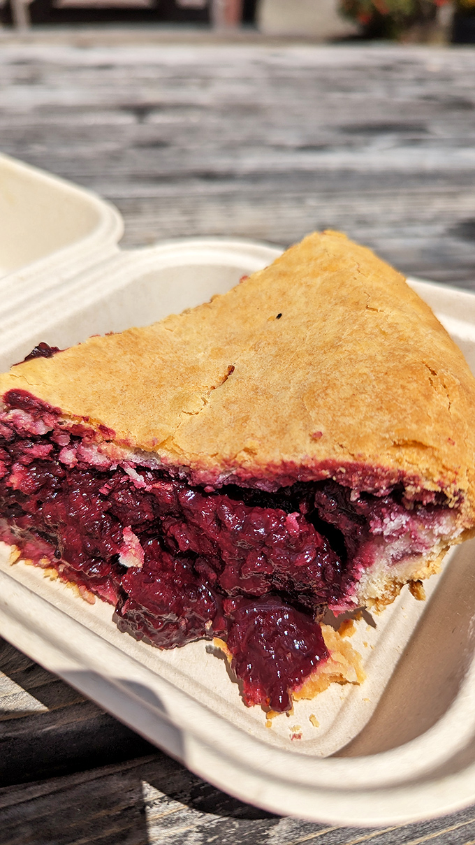 This slice of olallieberry pie isn't just dessert&mdash;it's edible poetry with a perfectly flaky crust containing nature's most vibrant purple treasure.