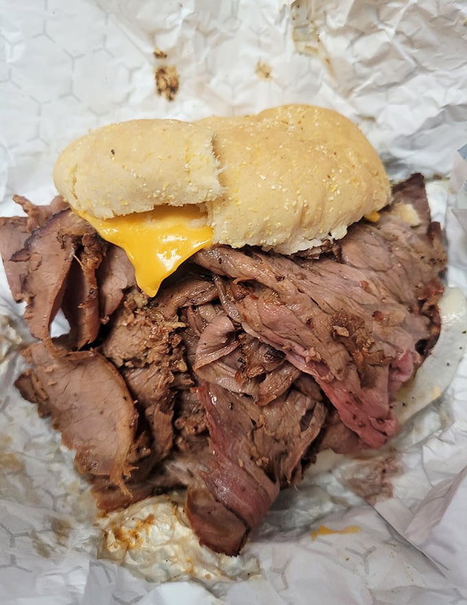 Behold the main event: paper-thin slices of smoky beef piled impossibly high, with just a hint of cheese peeking through. Architecture in sandwich form.