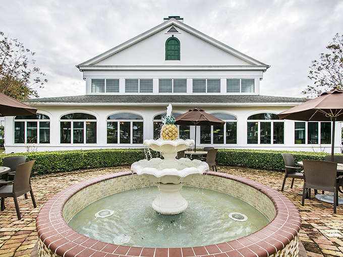 Elegant dining with a fountain view&mdash;because retirement should include moments where you feel like you're in a Nancy Meyers movie.