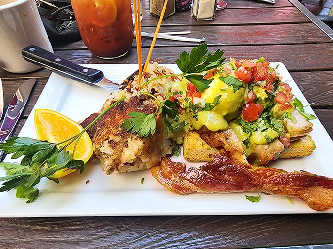 This isn't just breakfast&mdash;it's edible architecture. Crispy pork belly, perfectly poached eggs, and a sauce that should have its own fan club.