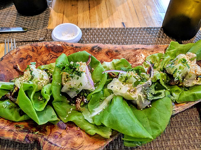 Nature's perfect taco! These lettuce wraps cradle heritage pork with the tender loving care of a Southern grandmother holding her first grandchild.