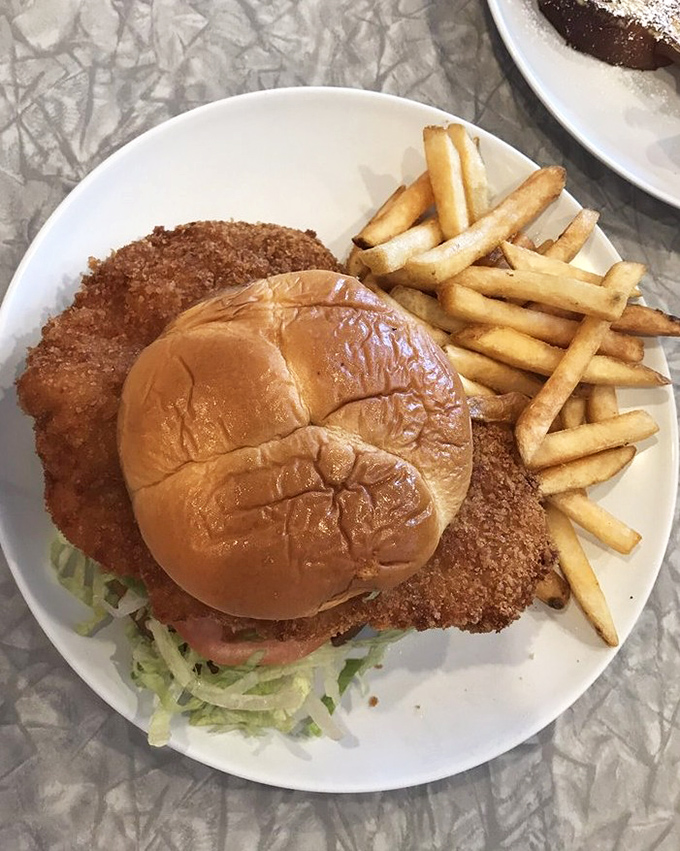 This isn't just a sandwich—it's an engineering marvel of crispy breading, fresh toppings, and golden fries that would make any lunch break memorable.