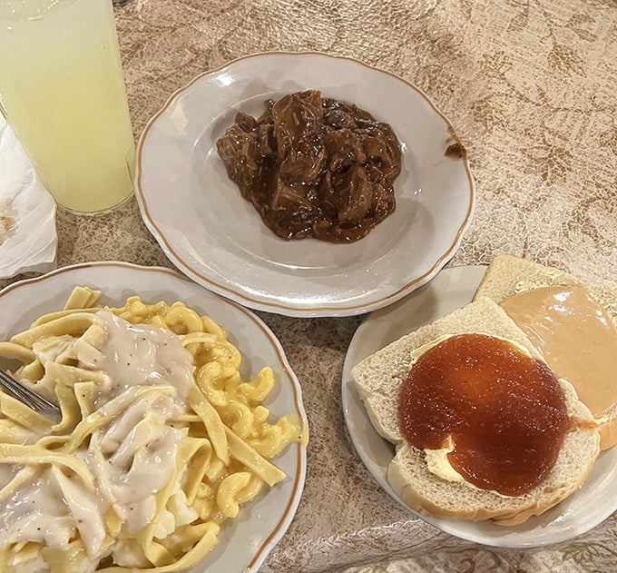 
Comfort food trifecta! Tender pot roast, creamy noodles, and bread with apple butter&mdash;a plate that would make your grandmother both proud and jealous. 
