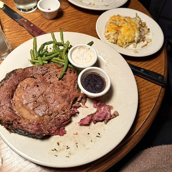 Behold the prime rib&mdash;a carnivore's sonnet with a side of green beans and two dipping sauces that deserve their own fan clubs.