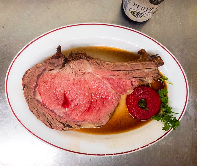 Behold the star attraction: prime rib so perfectly pink it could make a vegetarian question their life choices.