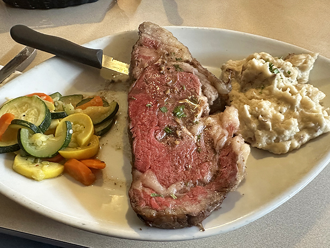 Prime rib so perfectly cooked, it makes you wonder if the chef has some sort of meat telepathy. Look at that rosy center!