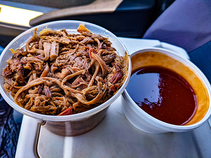 Pulled pork so tender it looks like it was coaxed apart by sweet nothings rather than forks. That sauce cup is about to become your new best friend.