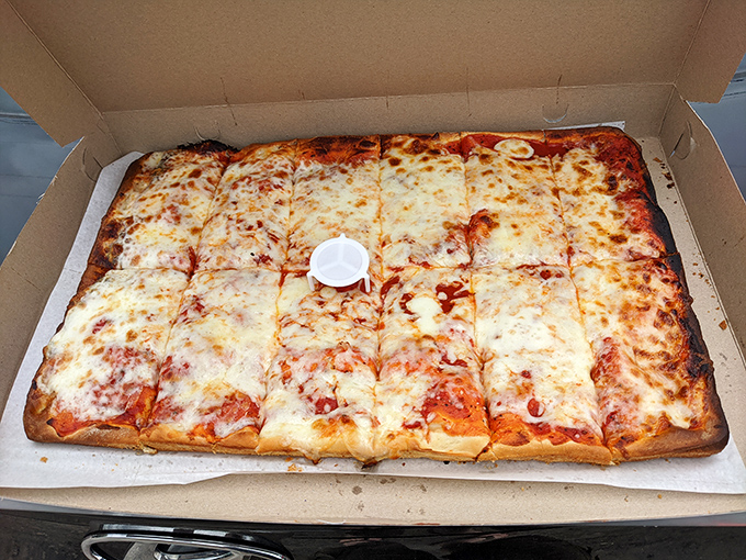 Behold the rectangular majesty of Old Forge pizza—not a pie, not a slice, but a "tray" cut into "cuts" that redefines what pizza can and should be.