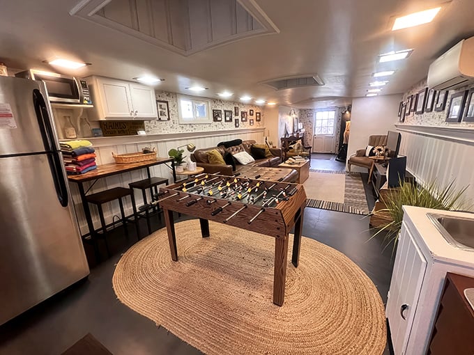 Modern comforts meet whimsical design in the rental space. That foosball table proves you can indeed have a ball inside a shoe without being an insole.