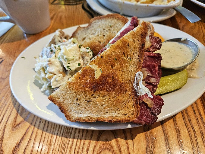 Behold the star attraction: Lucky's legendary Reuben, where house-made corned beef and sauerkraut perform a perfect culinary tango between slices of toasted rye.