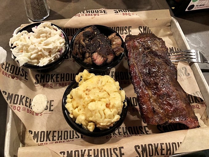 Behold the holy trinity of barbecue &ndash; perfectly smoked ribs with that telltale pink ring, creamy mac and cheese, and coleslaw for that essential tang.