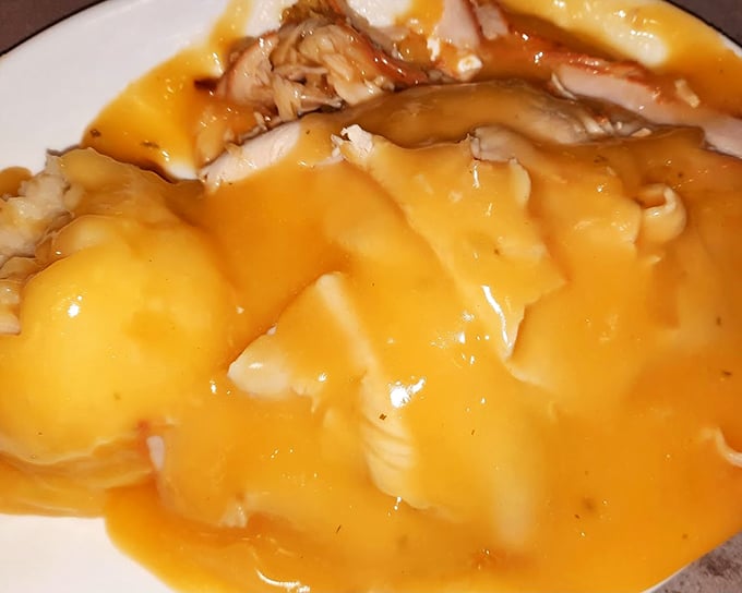 Gravy isn't just a condiment here&mdash;it's a commitment. This turkey drowning in golden goodness makes Thanksgiving jealous it only comes once a year.