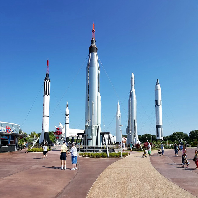 History stands tall in the Rocket Garden, where yesterday's cutting-edge technology now serves as tomorrow's inspiration.