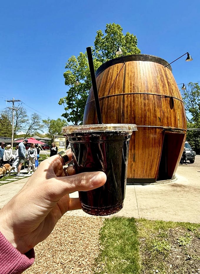 That magical moment when frothy root beer meets sunshine, creating what might be the most photogenic beverage in the Great Lakes State.