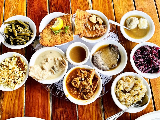 Food paradise found! This German sampler platter offers a United Nations of flavors&mdash;crispy schnitzel, savory sides, and those dumplings that could make a grown man weep with joy.