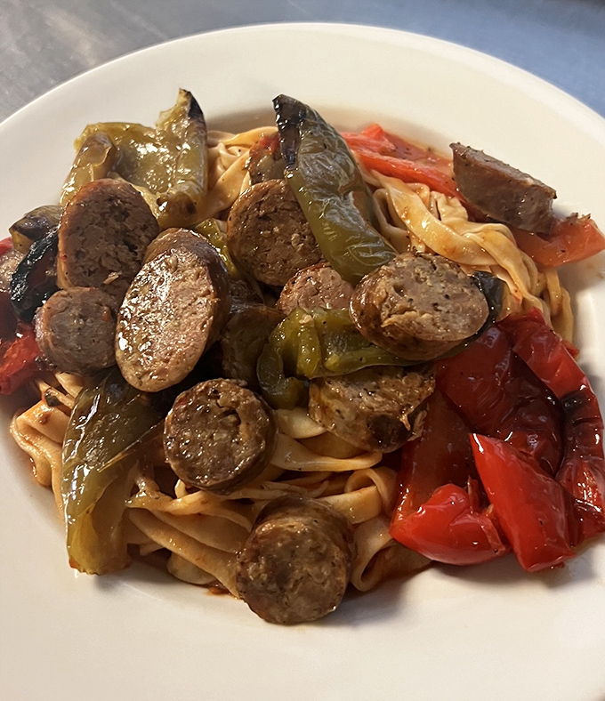 Italian sausage and peppers playing hide-and-seek with pasta. The sausage never hides for long&mdash;it's too proud of its flavor.