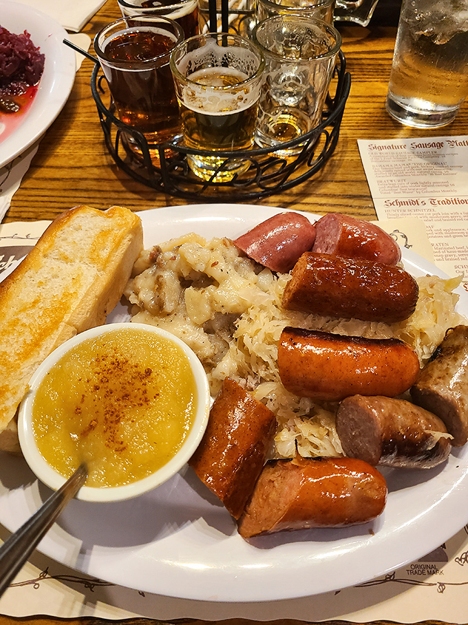 Sausage nirvana exists, and it's served on this plate. Those glistening links nestled on sauerkraut make resistance utterly futile.