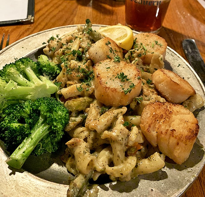 Golden-seared scallops perched atop creamy risotto with a side of vibrant broccoli. Ocean treasures that somehow found their perfect home in landlocked Pennsylvania.