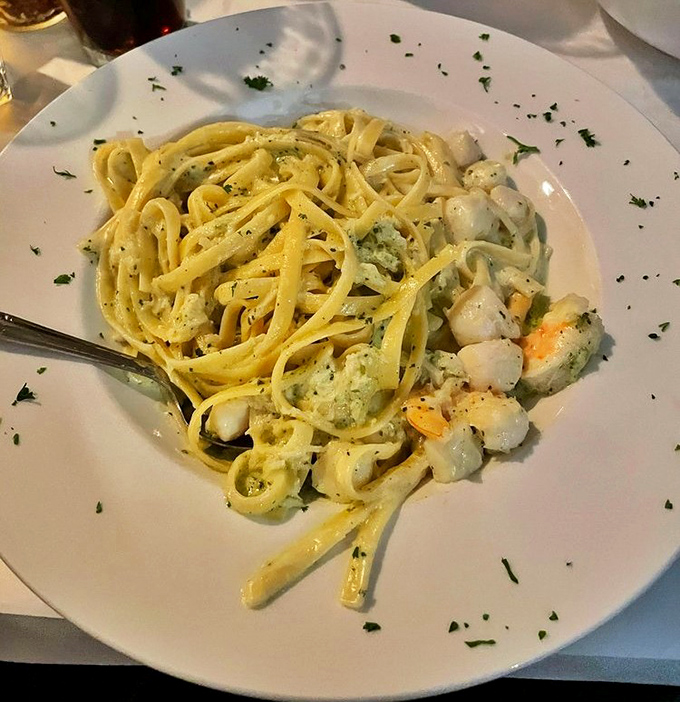The legendary seafood Alfredo in all its glory&mdash;where tender shrimp and scallops swim in creamy paradise. Worth every mile of the drive.