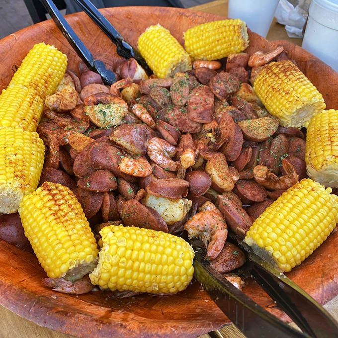 Behold the legendary Lowcountry boil - a glorious mess of shrimp, sausage, and pure happiness.
