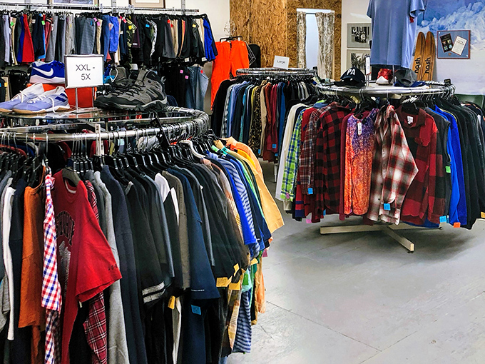 A rainbow of possibilities where that perfect flannel shirt is definitely hiding, probably next to someone's future favorite dress.