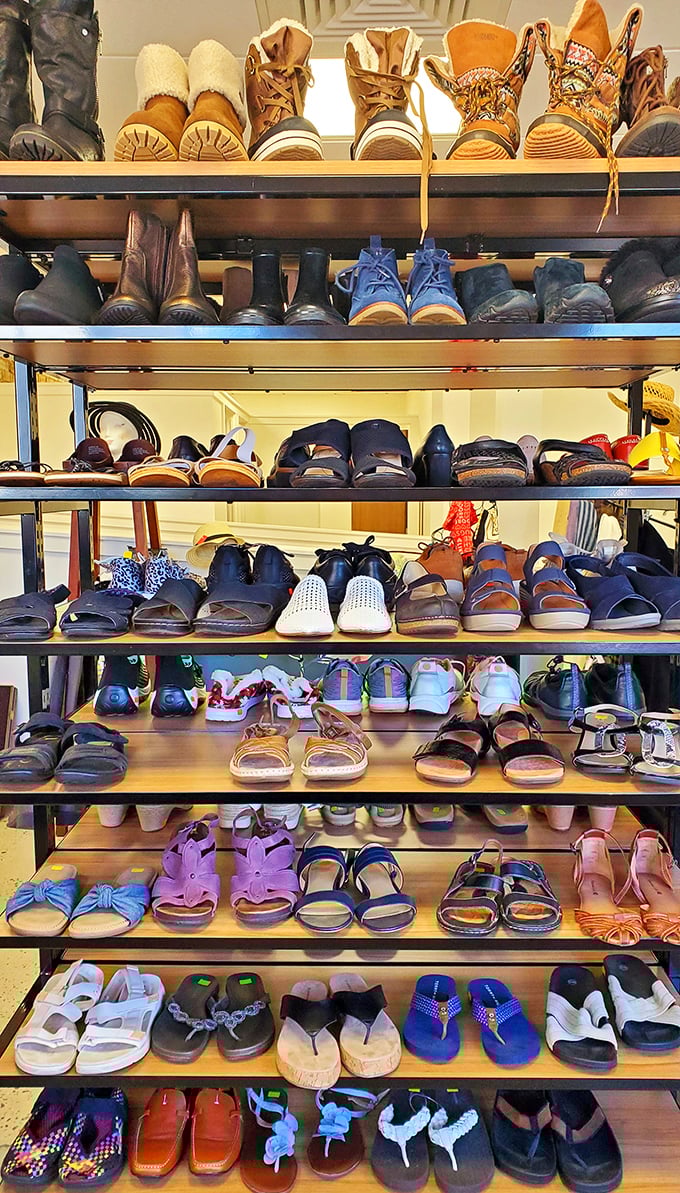 Shoe paradise arranged with military precision. From cozy winter boots to summer sandals, your next footwear love affair awaits.