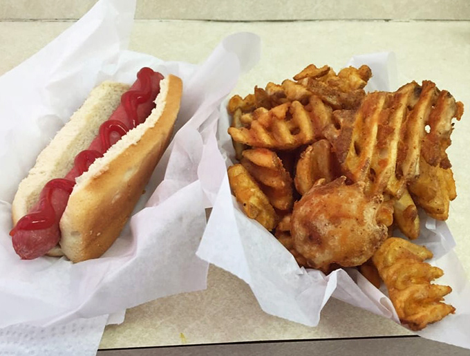 Simplicity at its finest: a classic dog with ketchup alongside golden waffle fries. Sometimes the most basic pleasures deliver the most profound satisfaction.