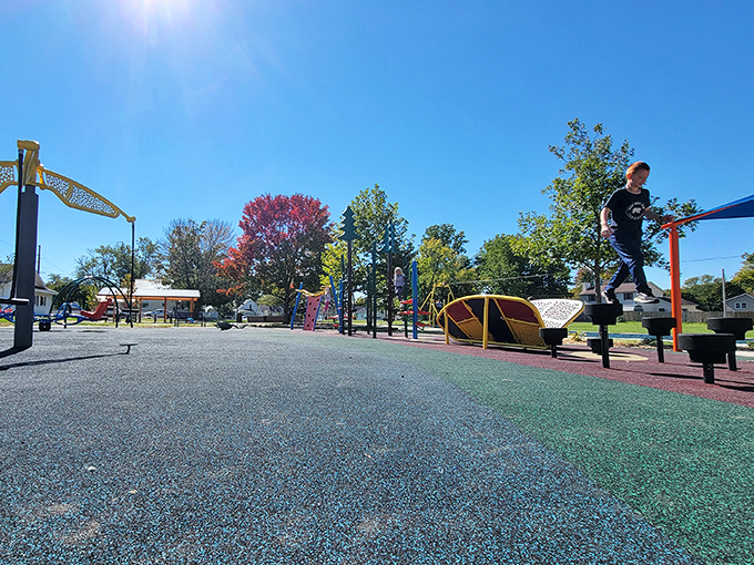 Modern play spaces with a small-town soul. South Park's colorful equipment invites kids to experience the original "social network" &ndash; making friends face-to-face.