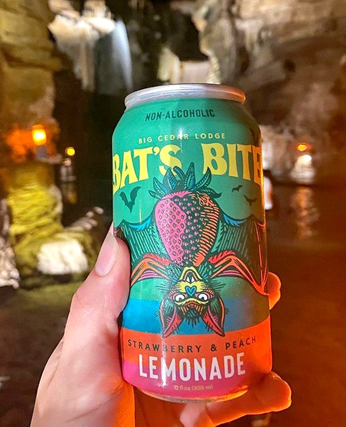Bat's Bite Strawberry & Peach Lemonade offers a refreshing non-alcoholic option with playful cave-themed branding.