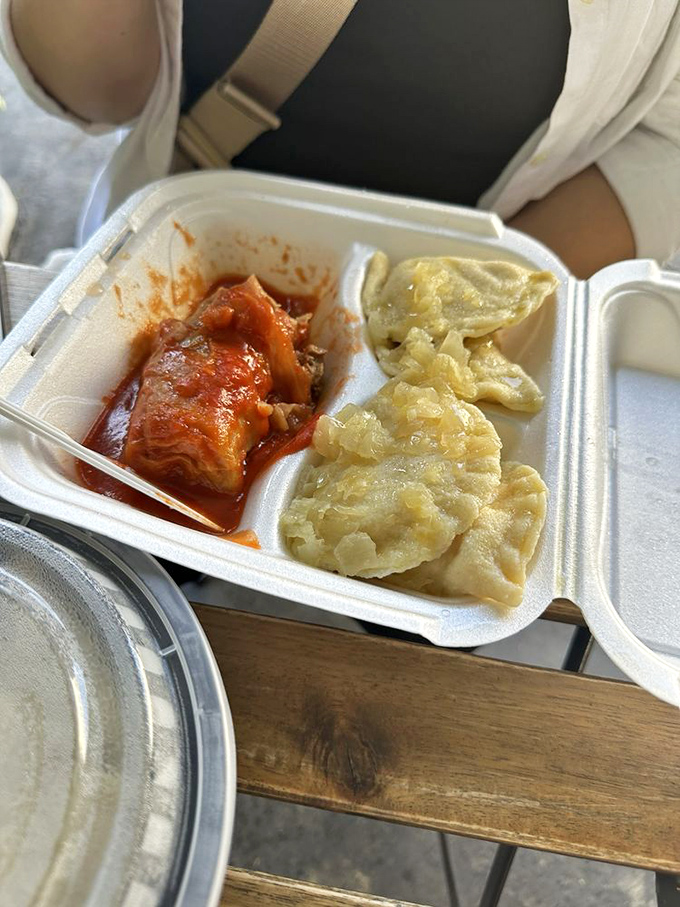 The perfect Polish power couple: tender stuffed cabbage swimming in tomato sauce alongside plump pierogies. Carb-counters beware&mdash;resistance is futile.