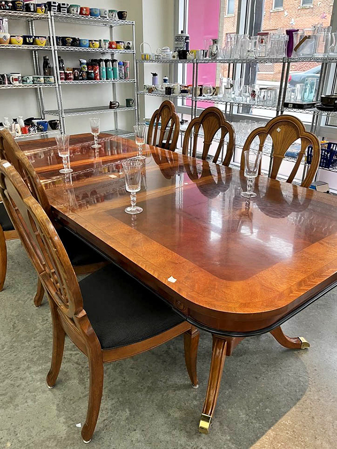 This elegant dining set awaits its forever home, complete with crystal stemware that's ready for your next dinner party or impromptu "Downton Abbey" reenactment.