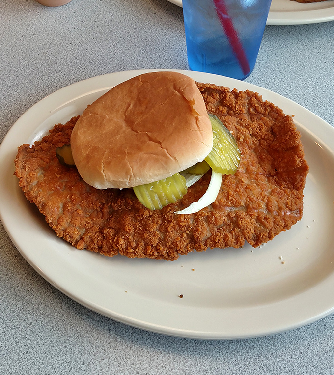 Behold the legendary tenderloin sandwich—a golden-fried masterpiece that refuses to acknowledge the boundaries of its bun. Worth every mile of the drive.