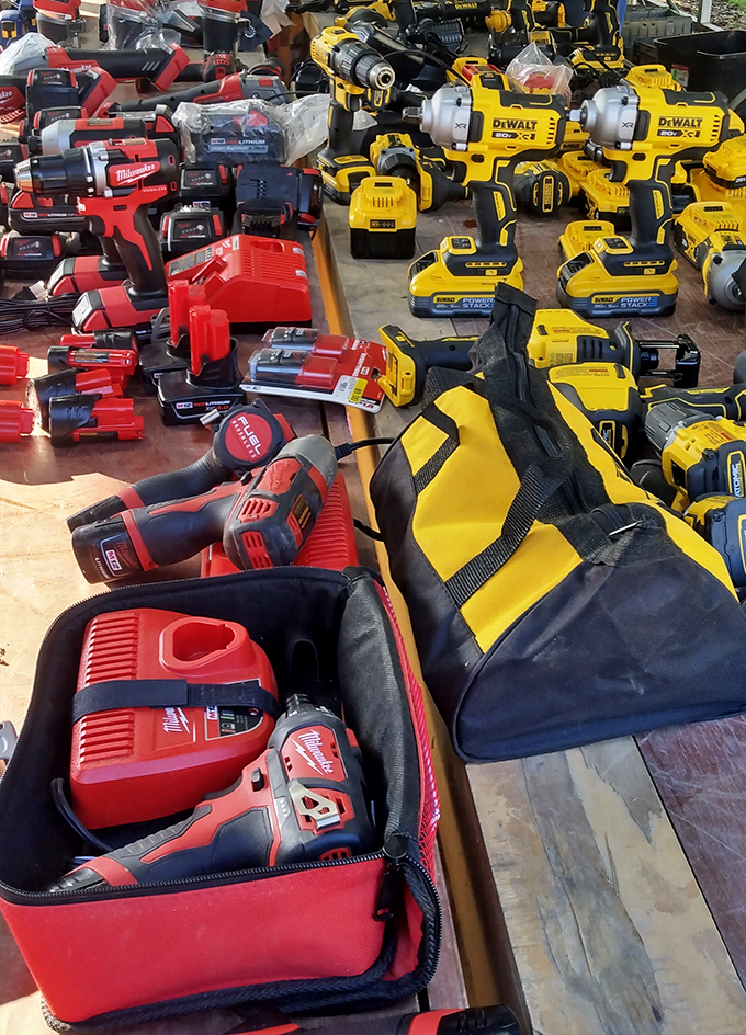 Tool paradise divides into tribal territories: Milwaukee red faces off against DeWalt yellow in a power tool showdown that would make Tim Allen grunt with approval.