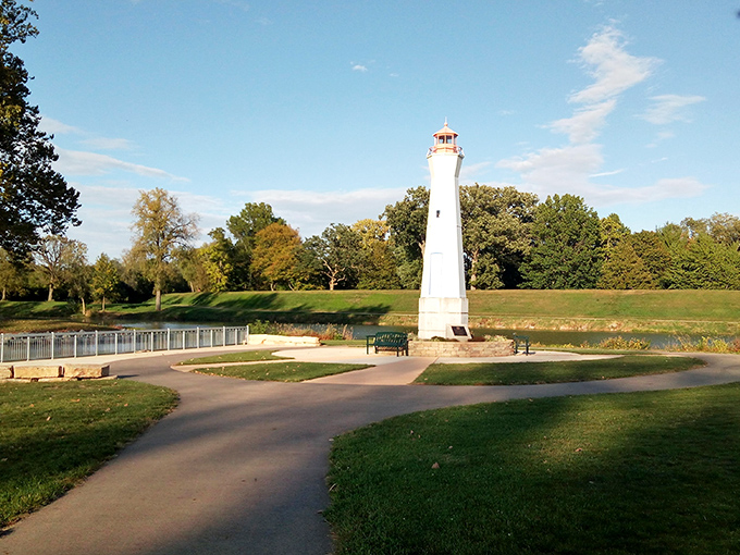 This lighthouse at Treasure Island Park stands as a whimsical inland beacon, guiding visitors to one of Troy's most beloved green spaces.
