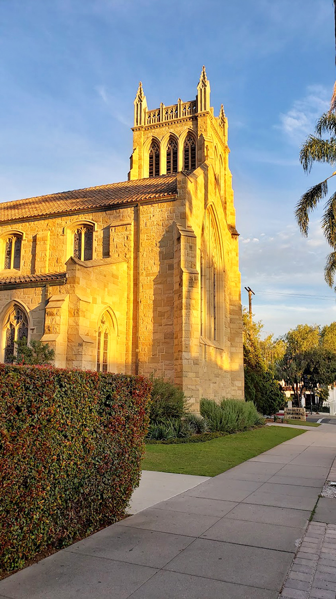 Bathed in golden hour light, Trinity Episcopal Church stands like a medieval European transplant that somehow found its perfect California home.