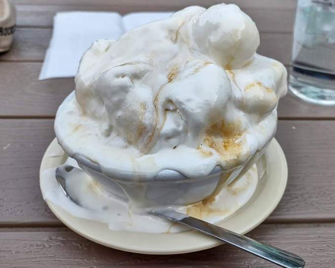 Mount Vanilla! This towering masterpiece of ice cream isn't just dessert&mdash;it's architecture with a cherry on top and a spoon standing by for demolition.