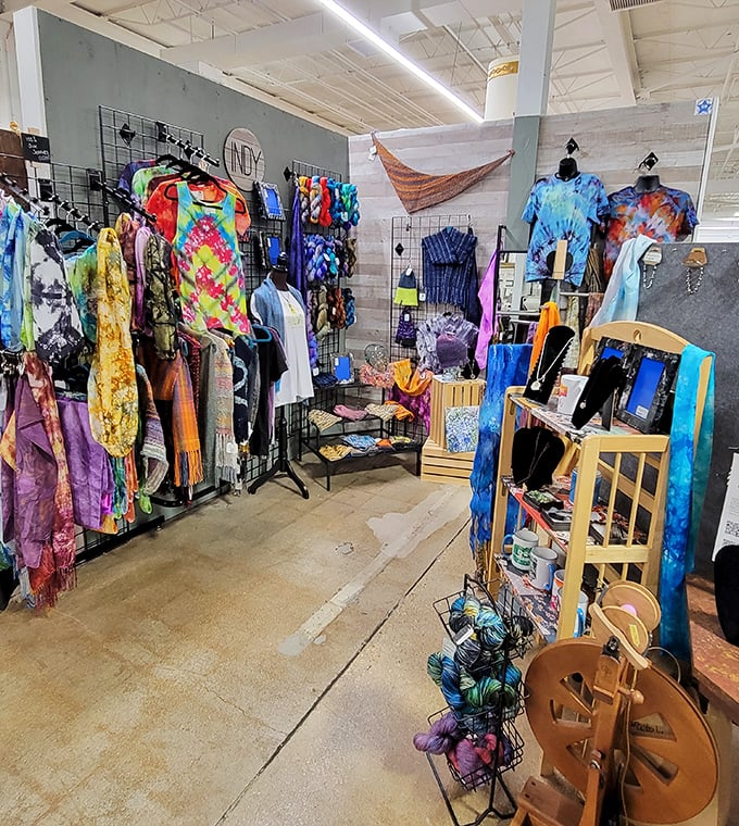 Tie-dye heaven meets bohemian paradise in this colorful corner. Remember when wearing these patterns meant you were either at Woodstock or visiting your "cool" aunt?