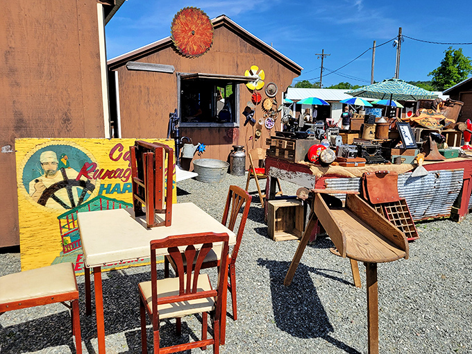 Rustic charm meets mid-century appeal at this outdoor furniture vendor. That weathered table has stories to tell!