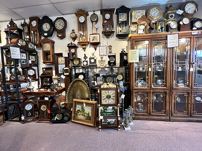 Tick-tock goes the collection! This wall of vintage timepieces proves that in the world of antiques, it's always time for something spectacular.